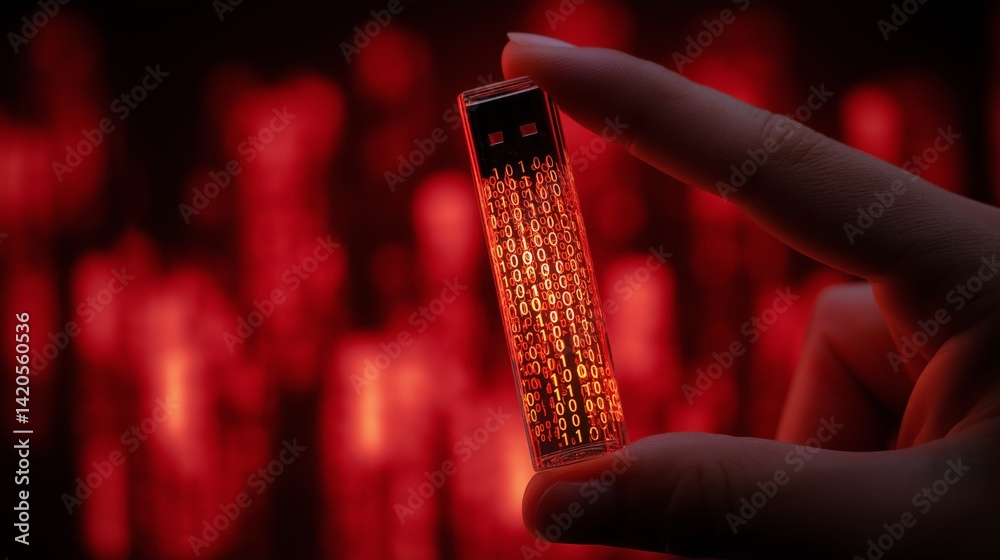 Hand holding glowing USB stick with leaking binary code on red ...