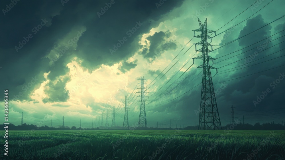 Electric transmission towers across a green field under a moody sky ...