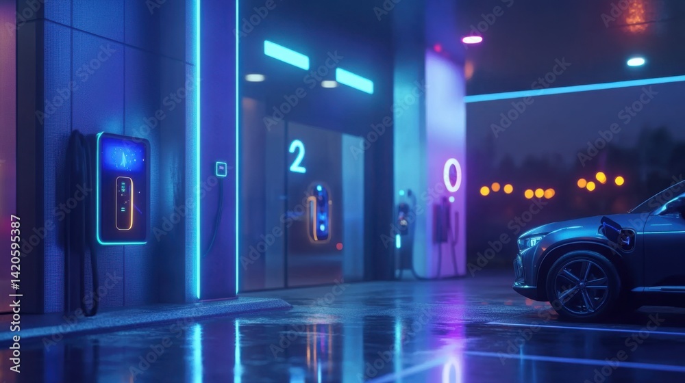 EV charging station powering up an electric vehicle with animated power ...