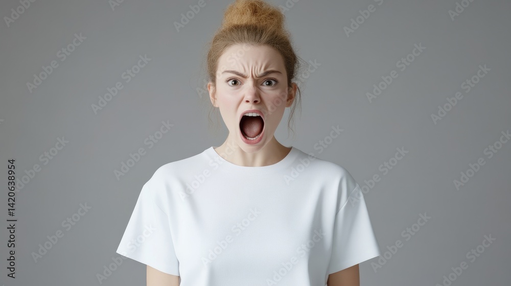 Ilustración de Stock Young Woman Screaming Simple White Shirt Studio ...