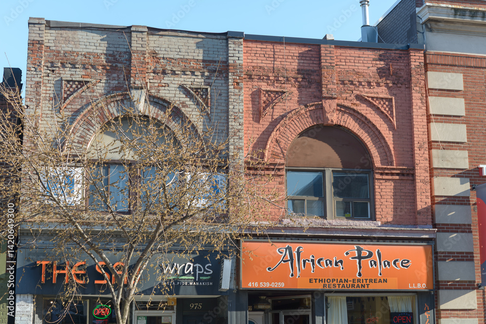 exterior of historic building and sign of African Palace, an Ethiopian ...