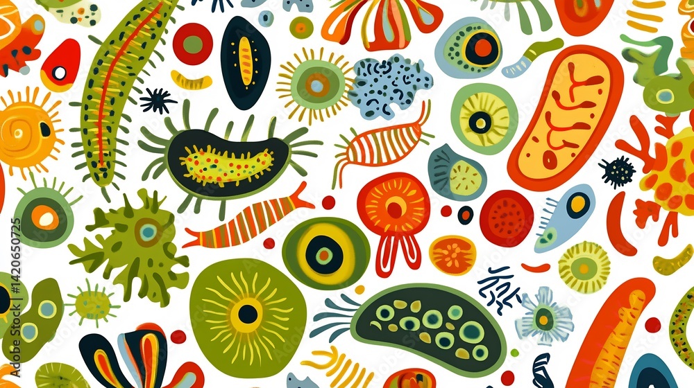 microbiology art of bacteria and viruses under microscope, stylized and ...