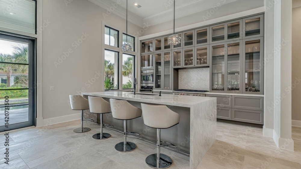 Modern, light-filled kitchen bar area with gray cabinets and stone ...