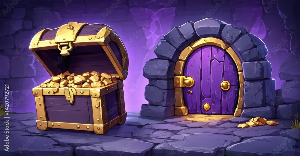 Glossy purple and gold roguelike dungeon crawler game app icon with ...