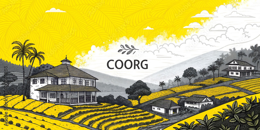 Coorg Tourism Illustration – Abbey Falls & Spice Plantations Art Stock ...