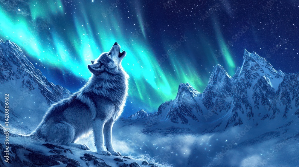 Arctic wolf howling under aurora borealis, snowy mountains Stock ...