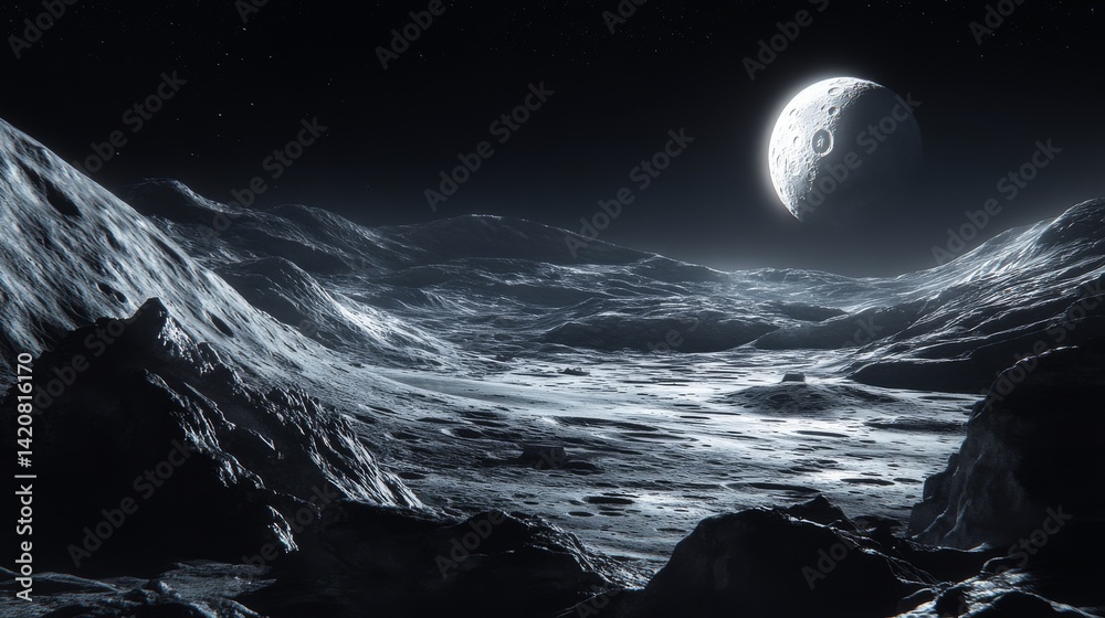 dramatic lunar landscape, detailed surface topology, silvery lunar glow ...
