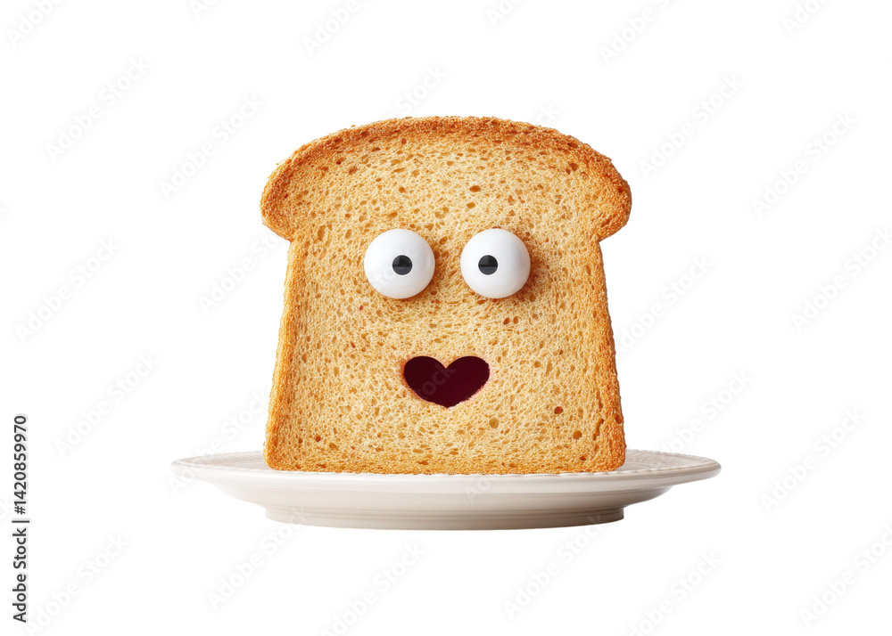 Funny toast with googly eyes and heart shaped mouth on a plate against ...