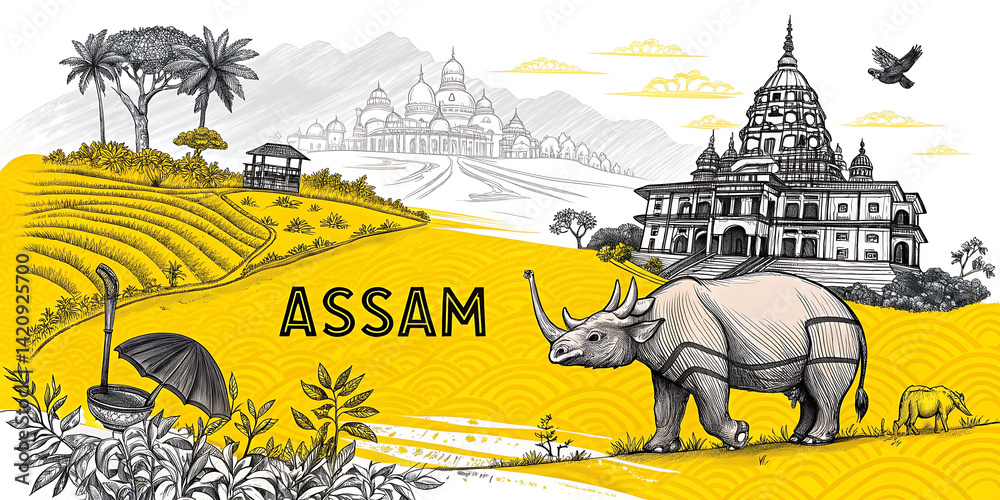 Assam India Illustration – Lush Green Tea Gardens & Wildlife Stock ...