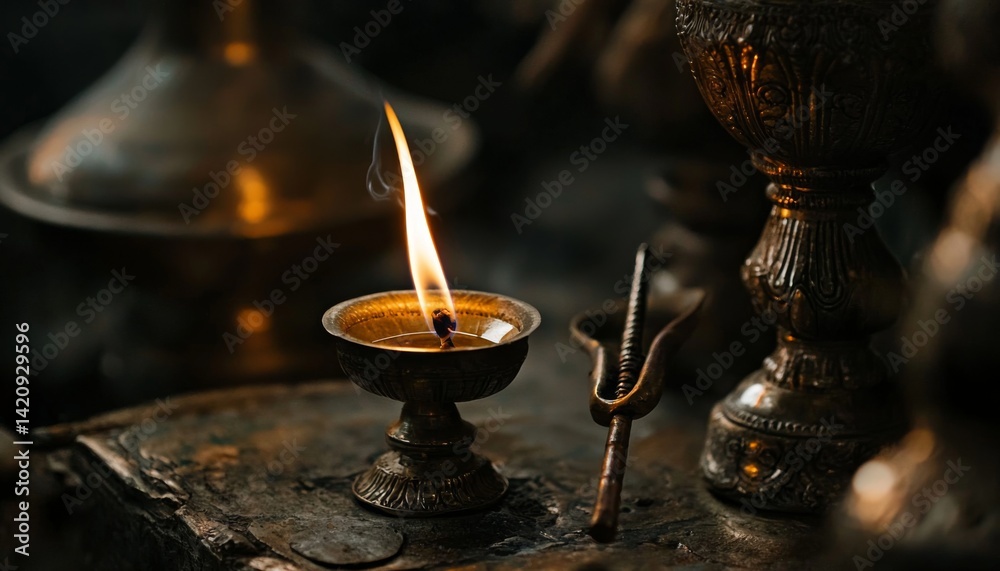Hinduism ceremonial objects featuring a burning oil lamp and a trishul ...