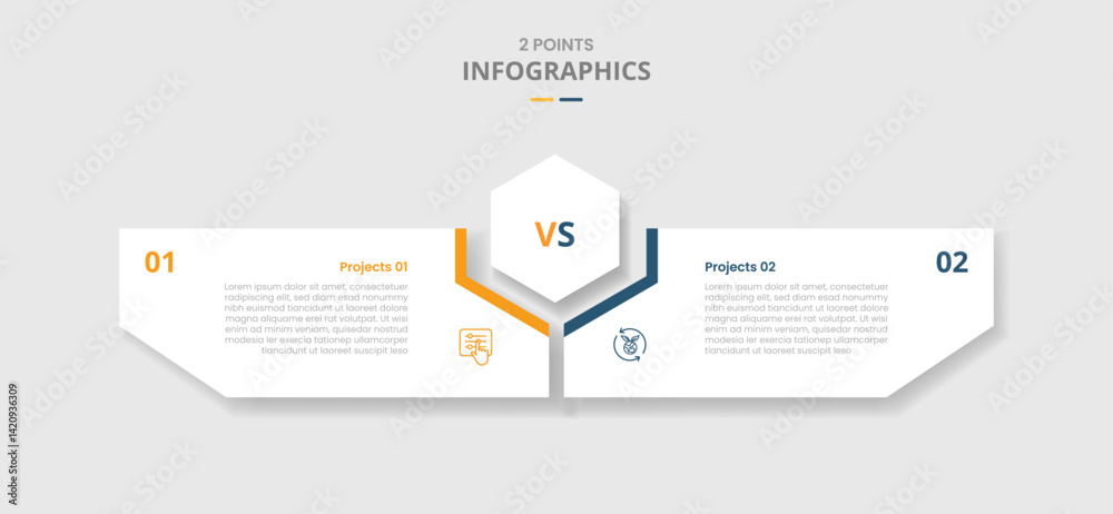 2 points comparison versus for infographic with hexagon center and ...