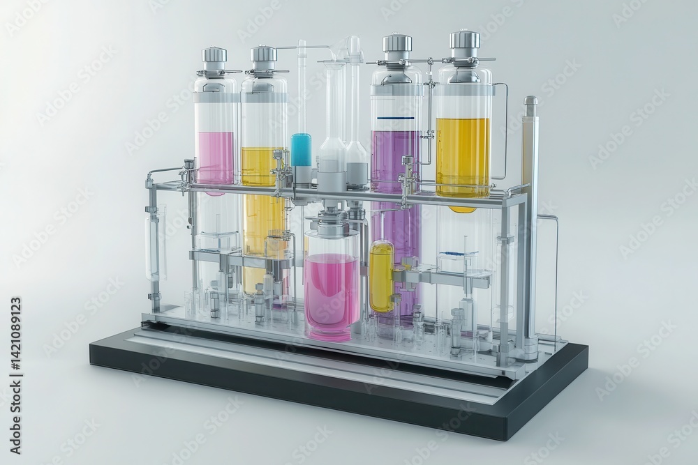 Complex chemical apparatus with colorful liquids in glass containers ...