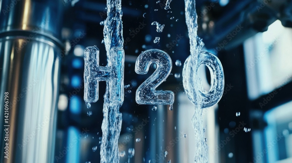 Water molecules (H2O) flow from pipes, illustrating the purity and ...