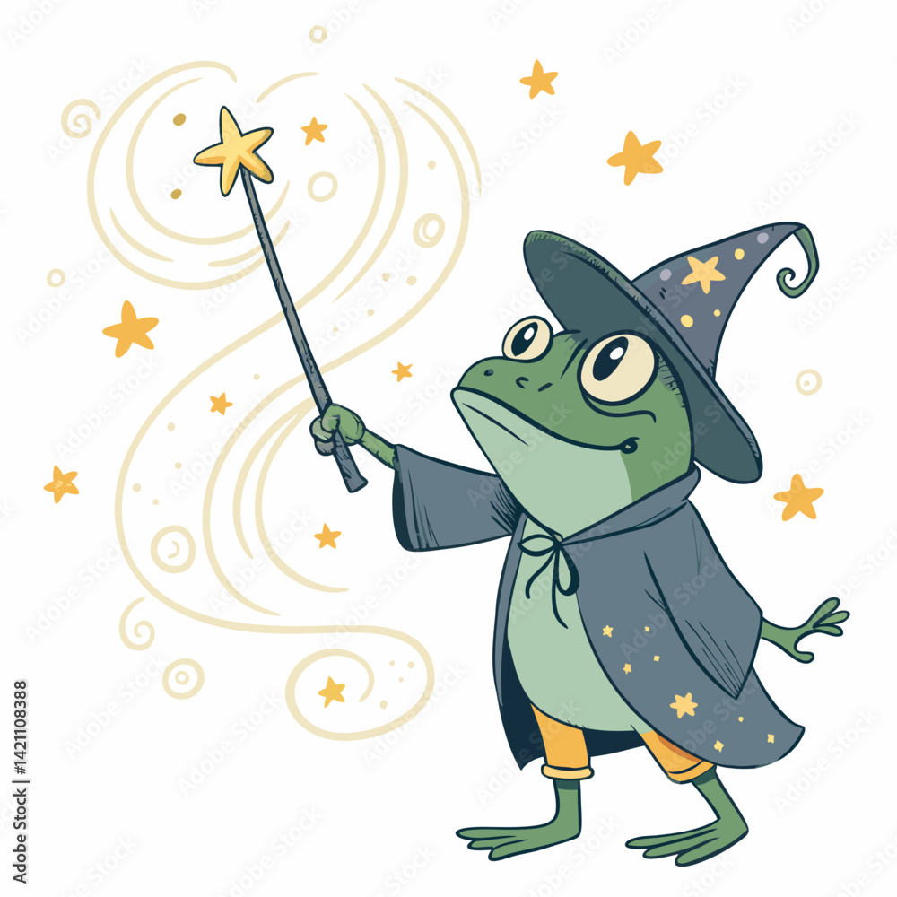 Create a bold, vector illustration of a whimsical 2D cartoon wizard ...