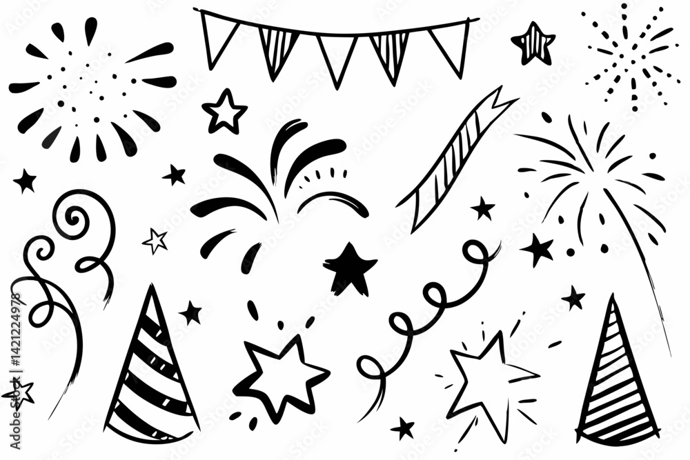 Celebration doodle icons, Party sketch vector set, Festive hand-drawn ...