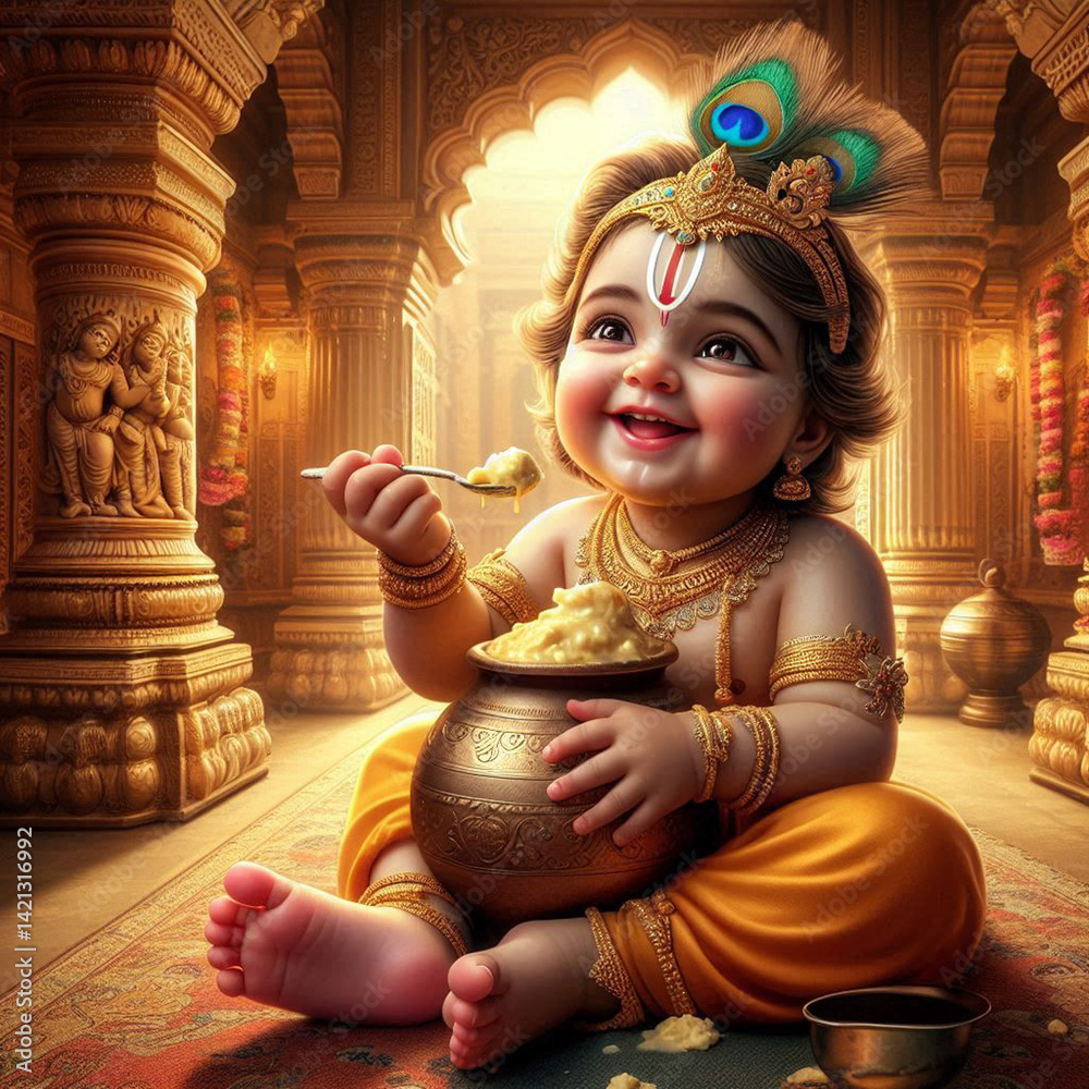 Adorable Krishna Eating Sweet Treats in a Divine Setting, A vibrant and ...