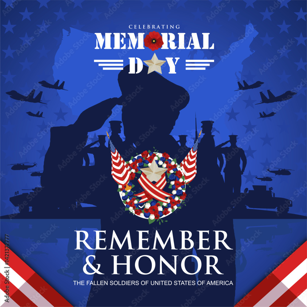 Patriotic Memorial Day 2025 with U.S military tribute silhouette and U.S map to remember and ...