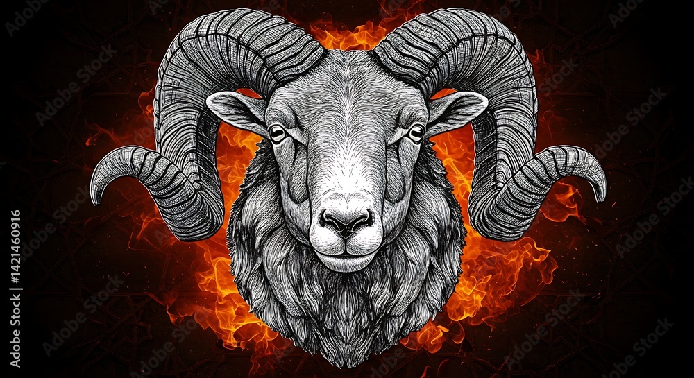 single-line art of a ram’s head with curled horns, hyper-realistic wool ...