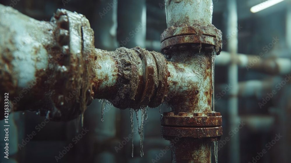 Rusty water pipe with crusty build-up and slow trickling leak near ...
