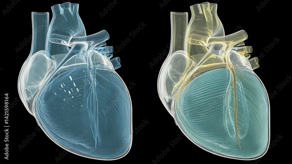 3D medical illustration showcasing two human heart models for ...