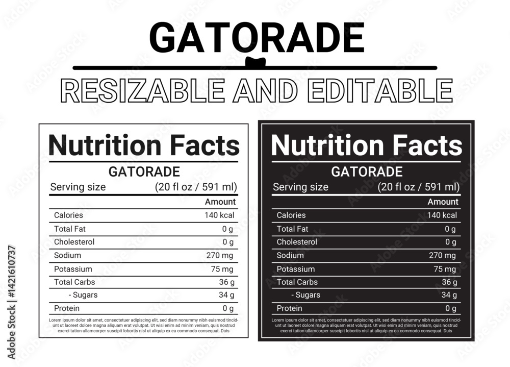 Gatorade Nutrition Facts Label Editable Template Stock Vector | Adobe Stock