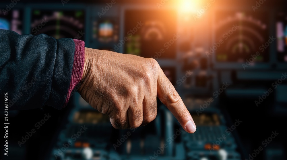 Pilot's hand indicating controls in an aircraft cockpit Stock ...