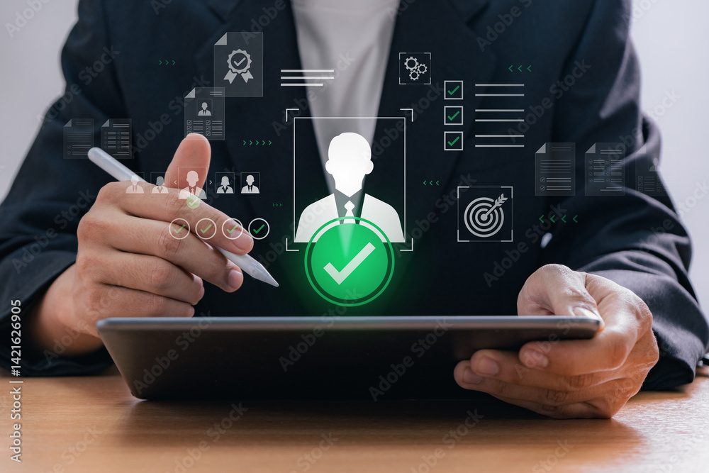 Digital recruitment process with HR manager selecting candidate using tablet in office ...