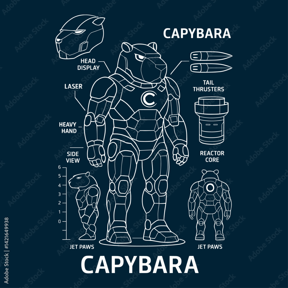 Capybara robot suit design blueprint. Futuristic combat exoskeleton ...