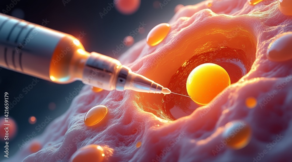 IVF and Embryo concept, Close-up of a syringe injecting into a vibrant ...