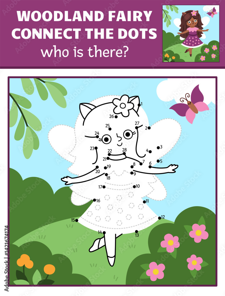 Vector fairyland dot-to-dot and color activity with fairy, colored ...