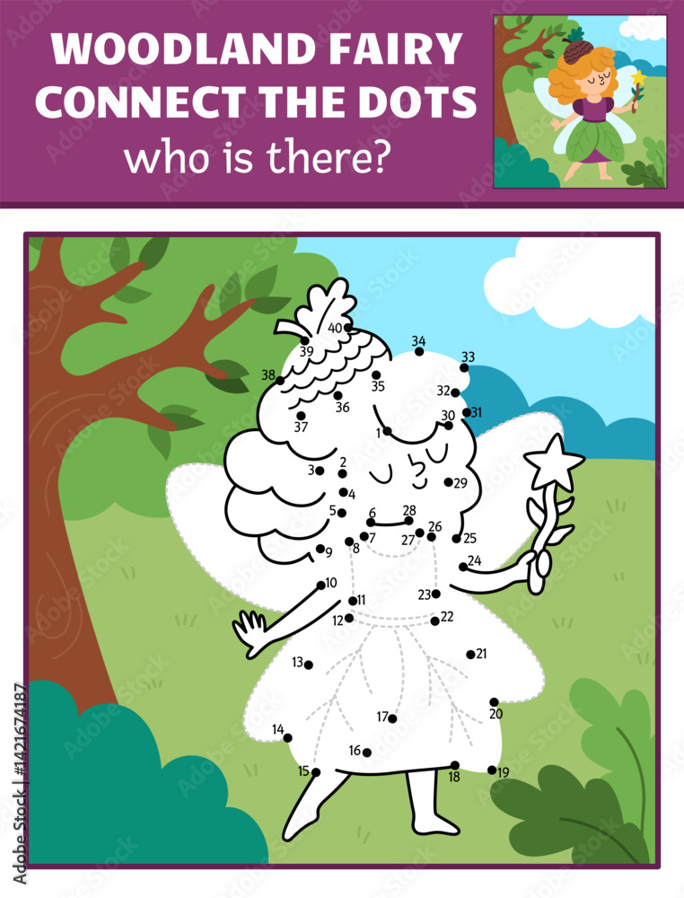 Vector fairyland dot-to-dot and color activity with acorn fairy ...