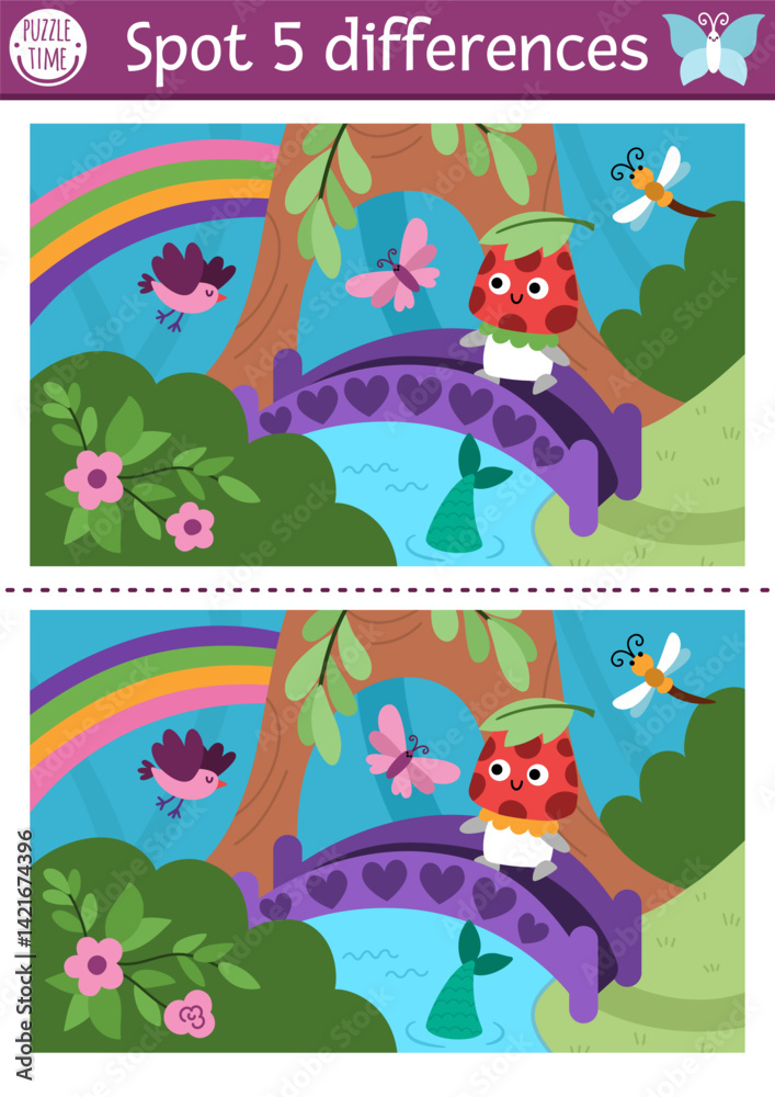 Find differences game for children. Fairyland educational activity with ...