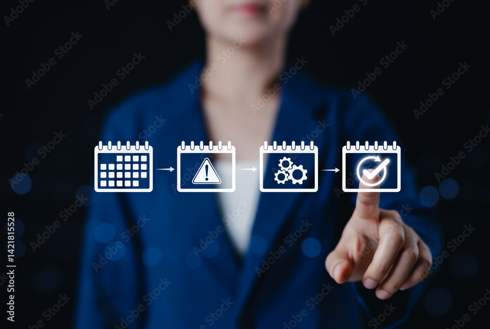 Calendar and task progress management timeline concept. Woman interacts ...