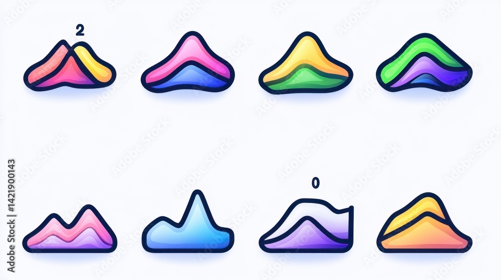 Collection of eight colorful pixel art mountain icons, each with unique ...