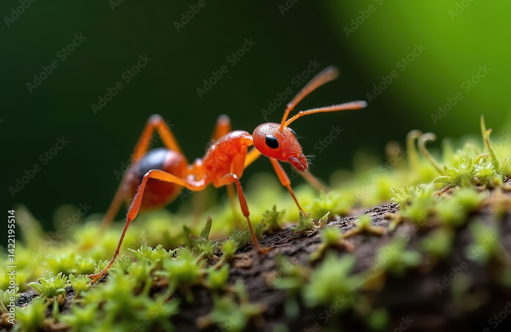 Red ant insect on branch covered with green moss. Macro photo reveals ...