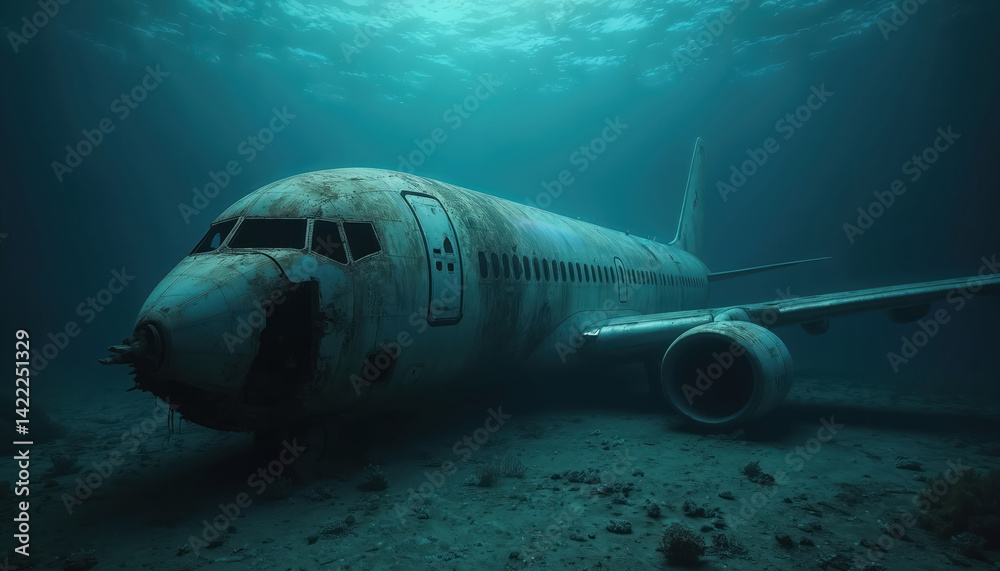 Ilustrace Contemporary passenger airplane wreckage resting on deep ...