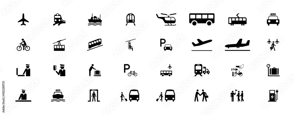 Transport and travel icons airplane, bus, train, bike, taxi, ship ...