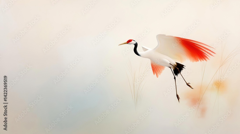 Digital illustration of a red-crowned crane in flight. the crane is in ...