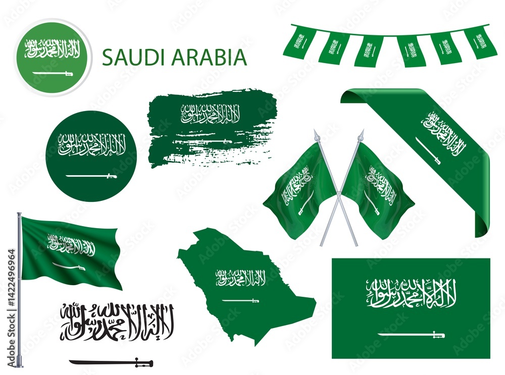 Big set of Saudi Arabia ribbons, symbols, icons and flags isolated on a ...