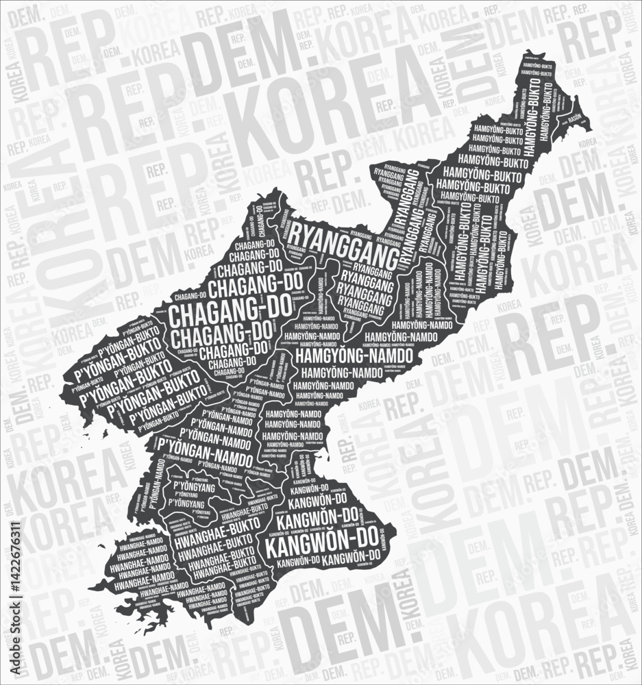 Dem. Rep. Korea regions map word cloud. Dem. Rep. Korea region names ...
