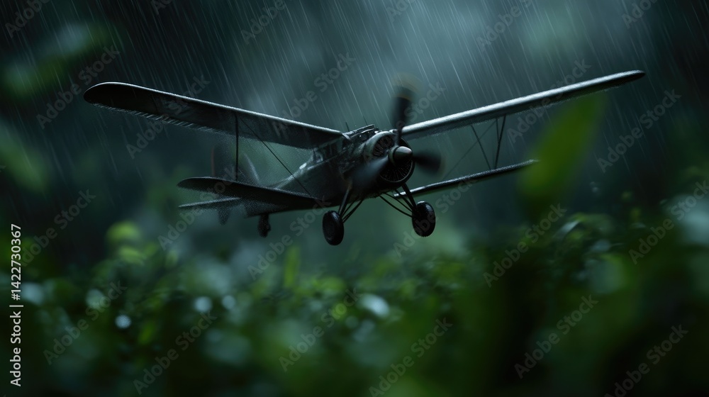 Vintage biplane in a dense rainforest during a storm. Heavy rain, lush ...