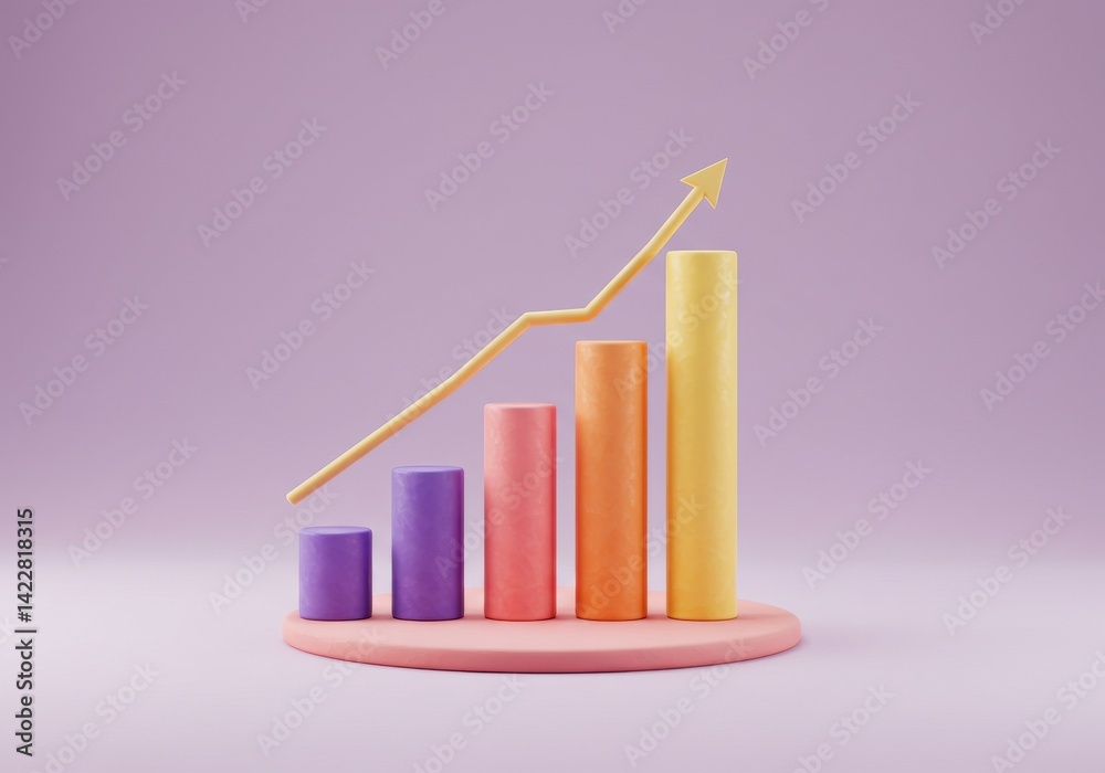 Pastel colored bar graph with an upward trending arrow on a pink ...