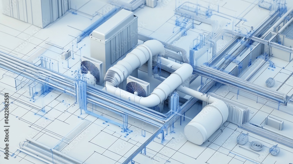 Detailed architectural blueprint of an industrial HVAC system design ...
