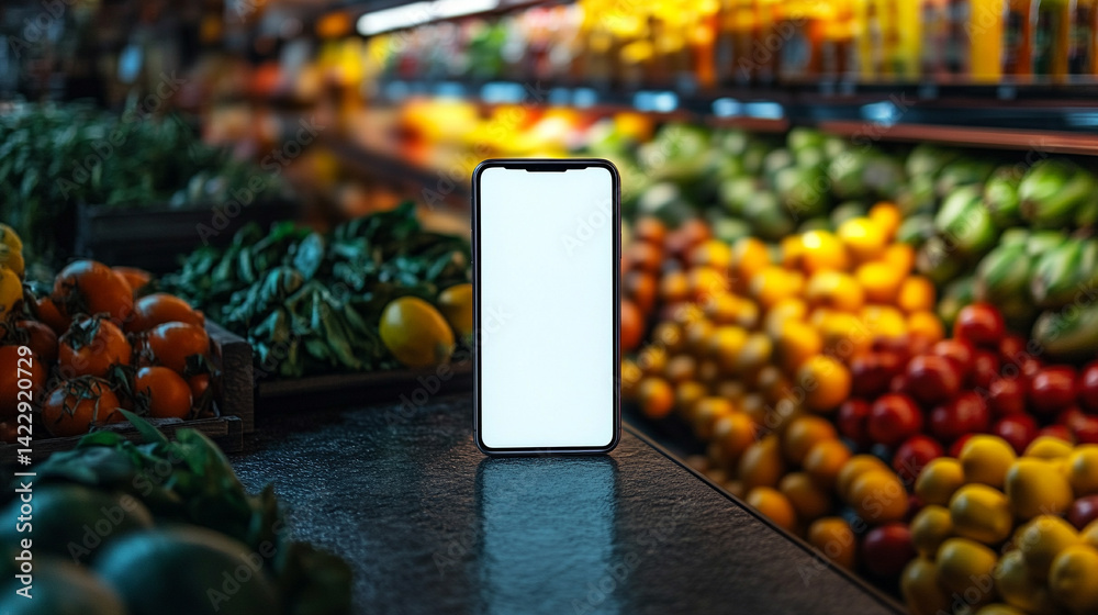 Smartphone with a blank white screen placed on a sleek modern counter ...