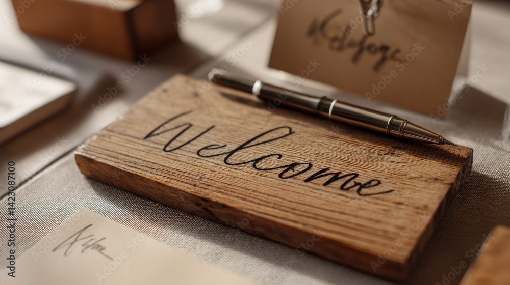 Small wooden sign with a pen resting on it, featuring handwritten guest ...