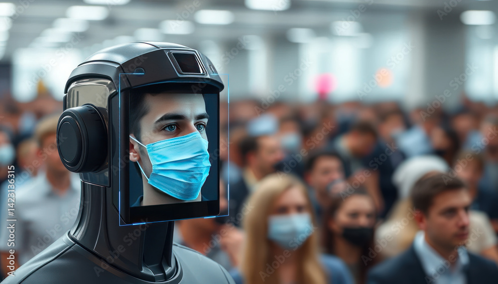 Futuristic humanoid robot with mask observing diverse crowd in a modern ...
