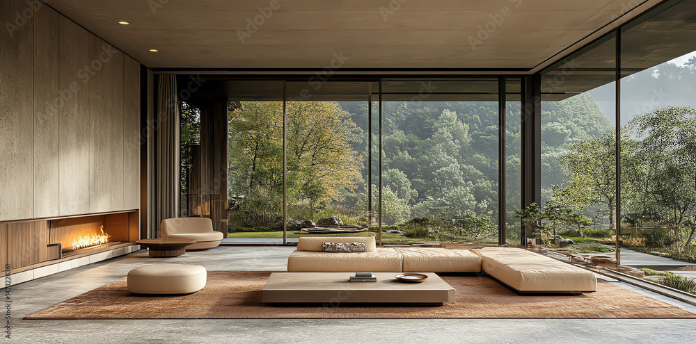 Spacious minimalist living room features a fireplace and comfy seating ...