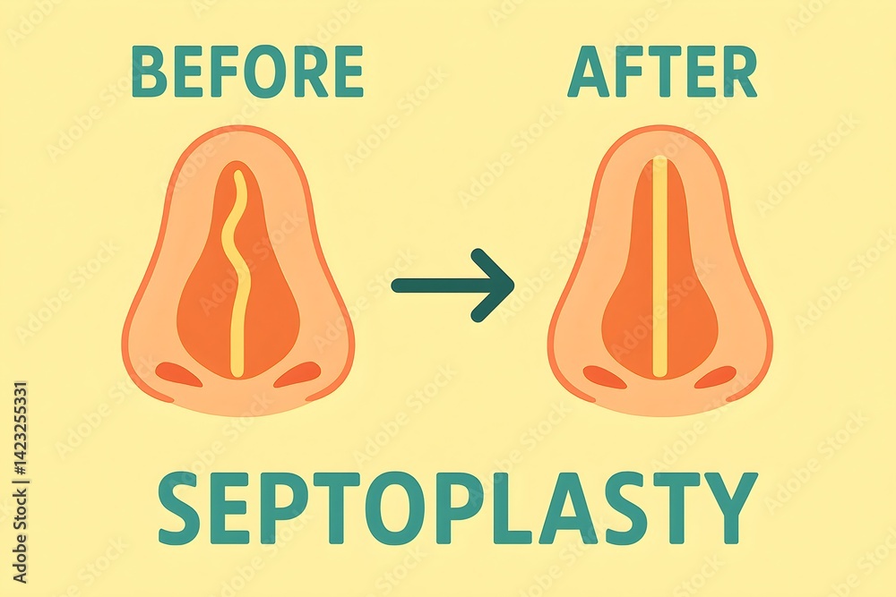 Illustration comparing the nasal structure before and after septoplasty, highlighting the ...