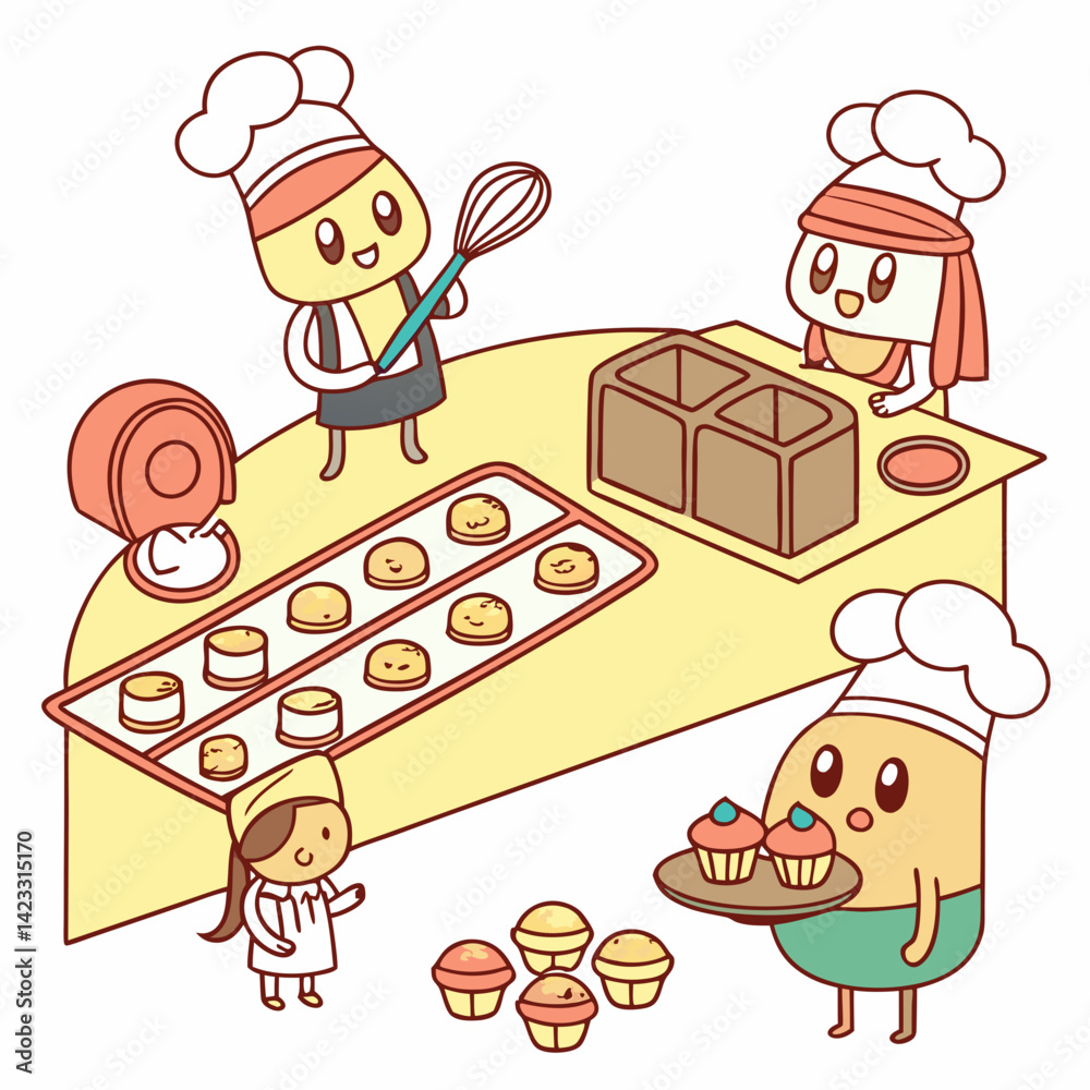 Chubby Cartoon Bread Characters in a Baking Contest Stock Vector ...