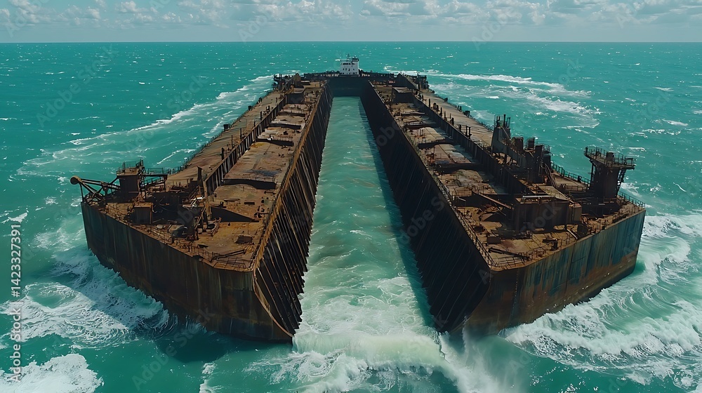 Massive floating dry dock structure with heavy rust in the open ocean ...